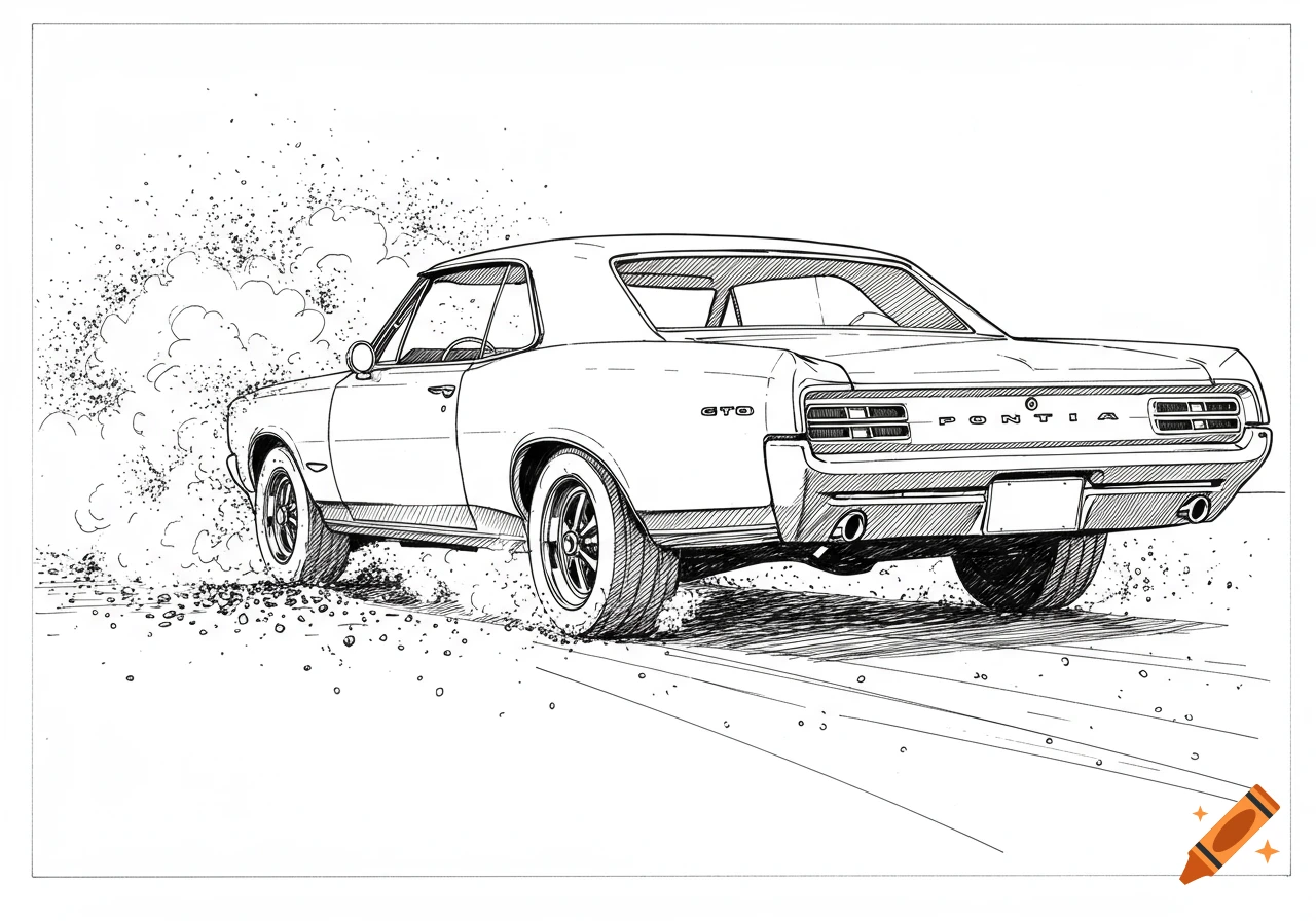 Black and white line drawing of a 1966 Pontiac GTO doing a burnout. on ...