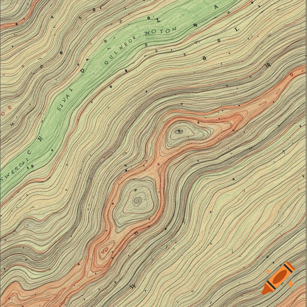 Hand-drawn topographic map illustration with contour lines in green ...
