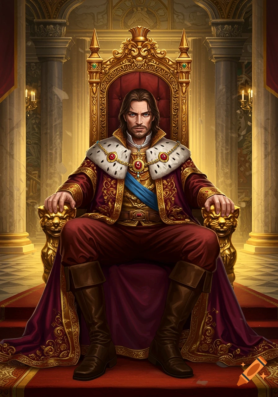 A king sits on a golden throne in a grand hall wearing royal robes. on ...