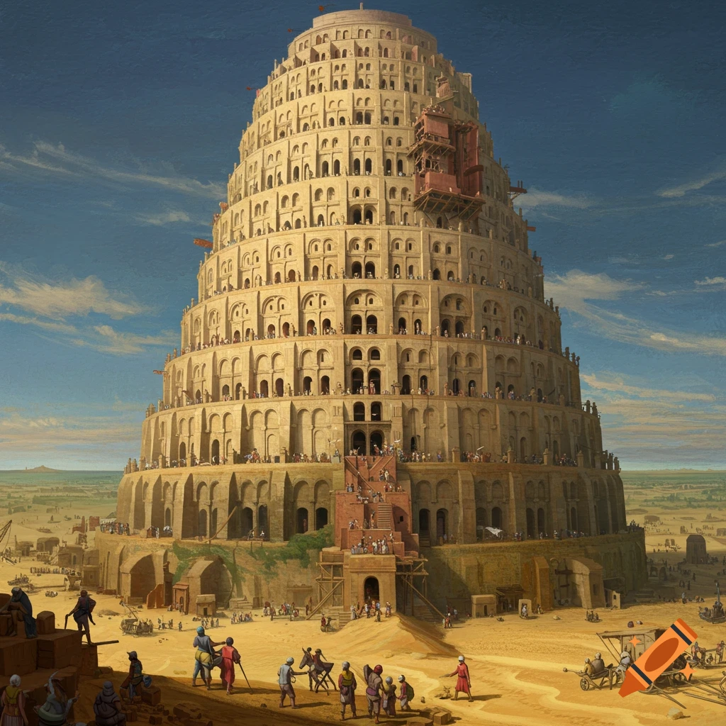 Classical painting of the Tower of Babel under construction in a desert ...