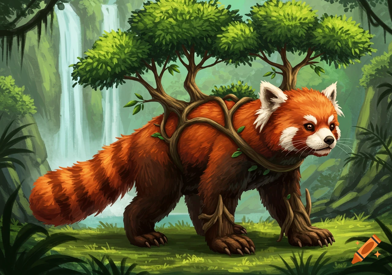 A red panda tree hybrid creature stands in a jungle with a waterfall in ...