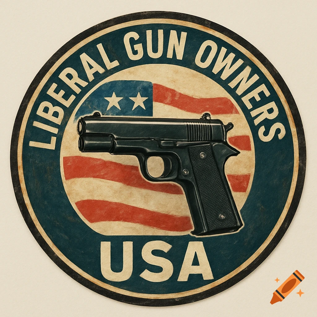 Vintage-style sticker emblem with a handgun, American flag, and text ...