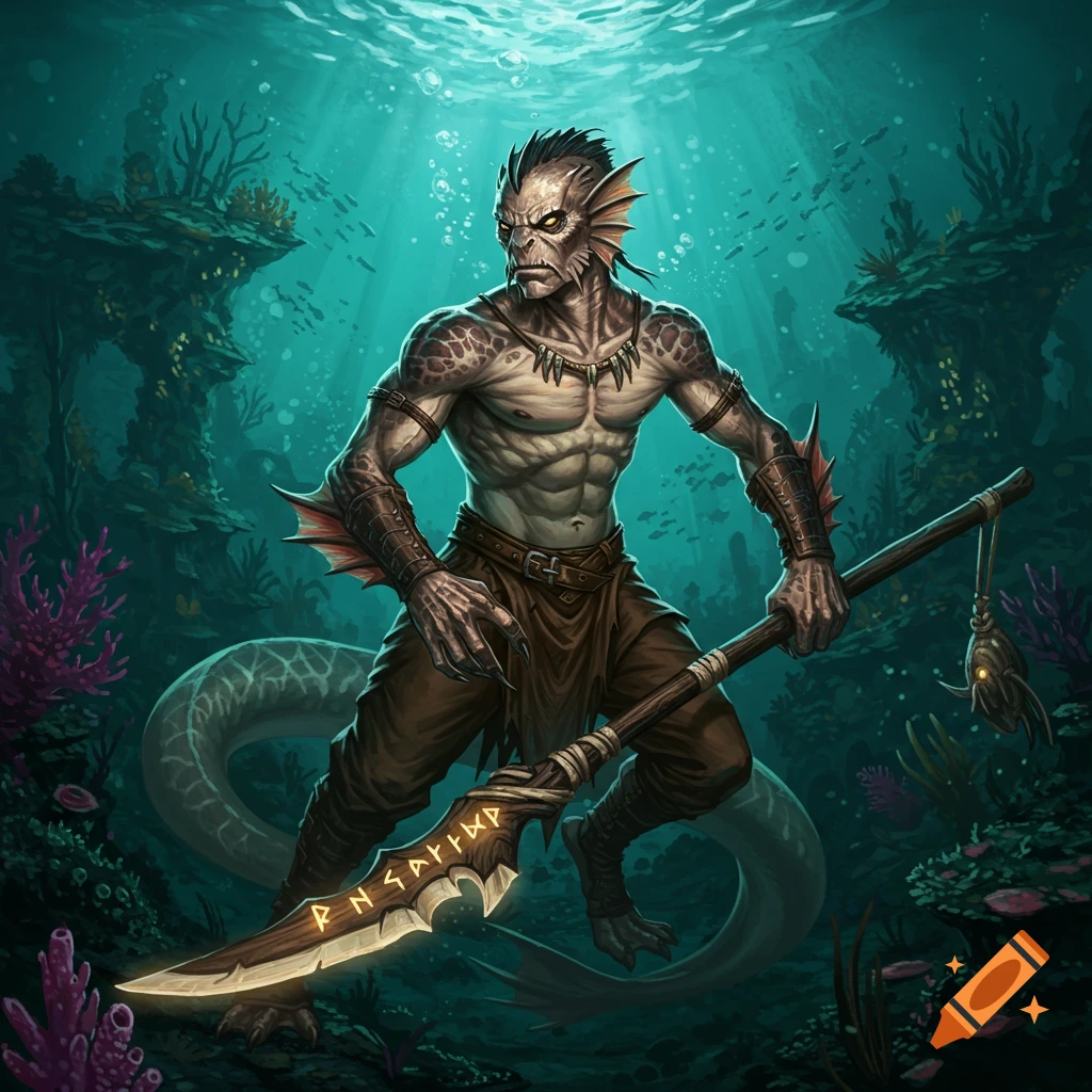 A muscular Gillman creature holds a spear underwater in a fantasy ...
