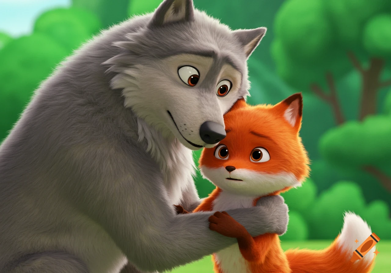 Animated grey wolf hugs a red fox in a forest. on Craiyon
