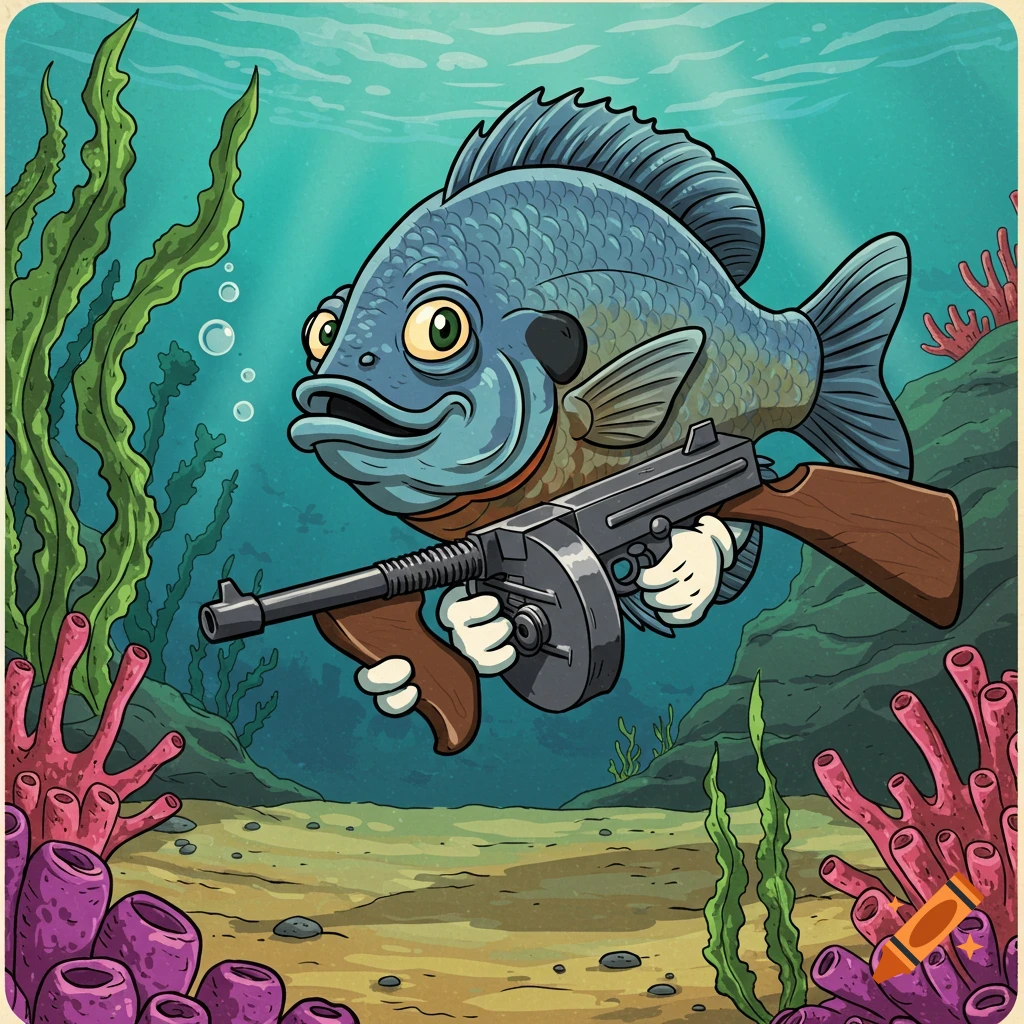 Cartoon bluegill fish holding a tommy gun underwater. on Craiyon