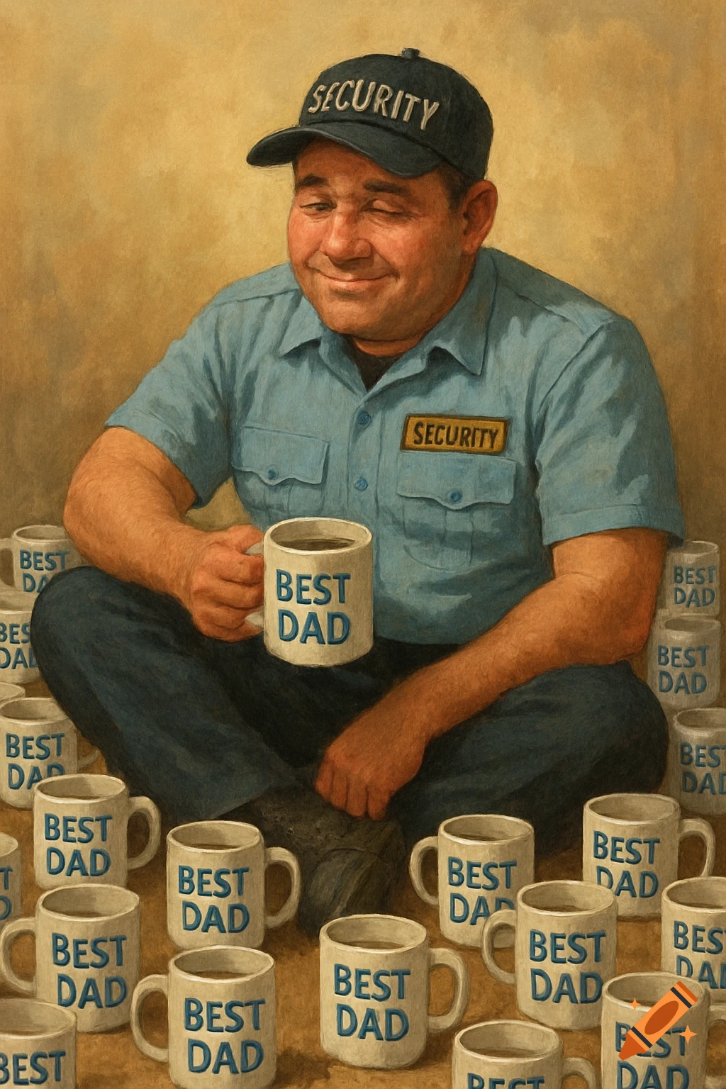 Painting of a security guard sitting on floor, surrounded by many mugs ...