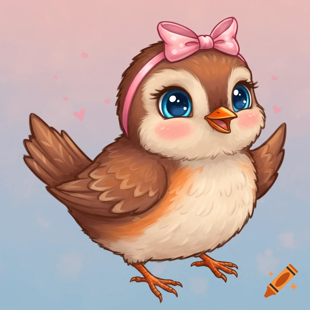 A cute cartoon bird with a pink bow and blue eyes. on Craiyon