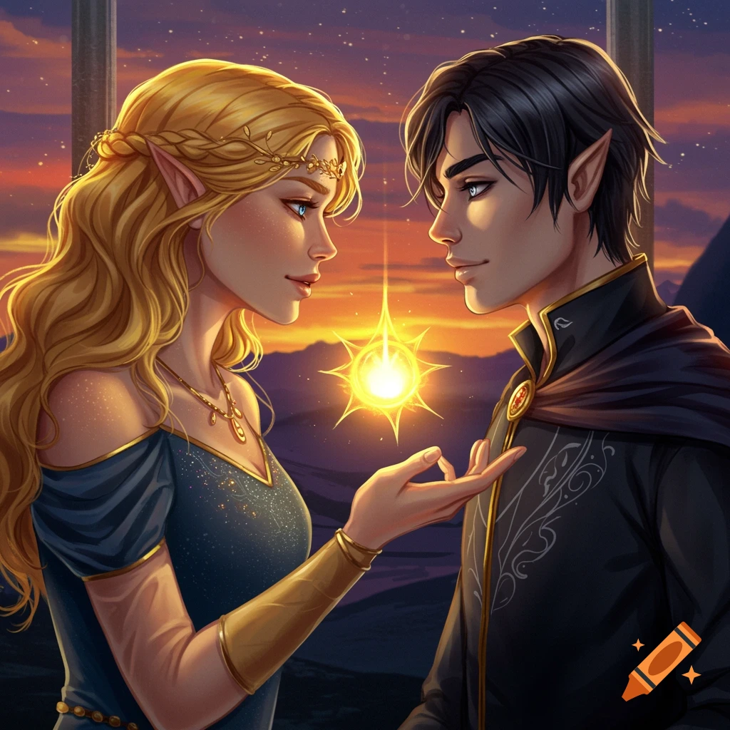 Two fantasy characters, an elf woman and an elf man, hold a glowing orb ...