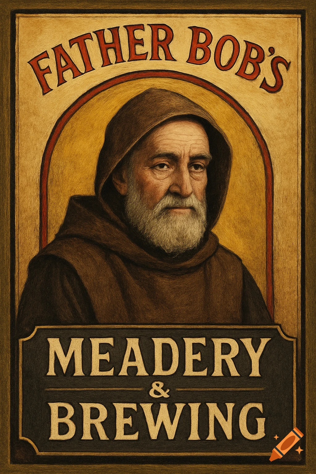 Illustration of a hooded monk on a label that reads 'Father Bob’s ...