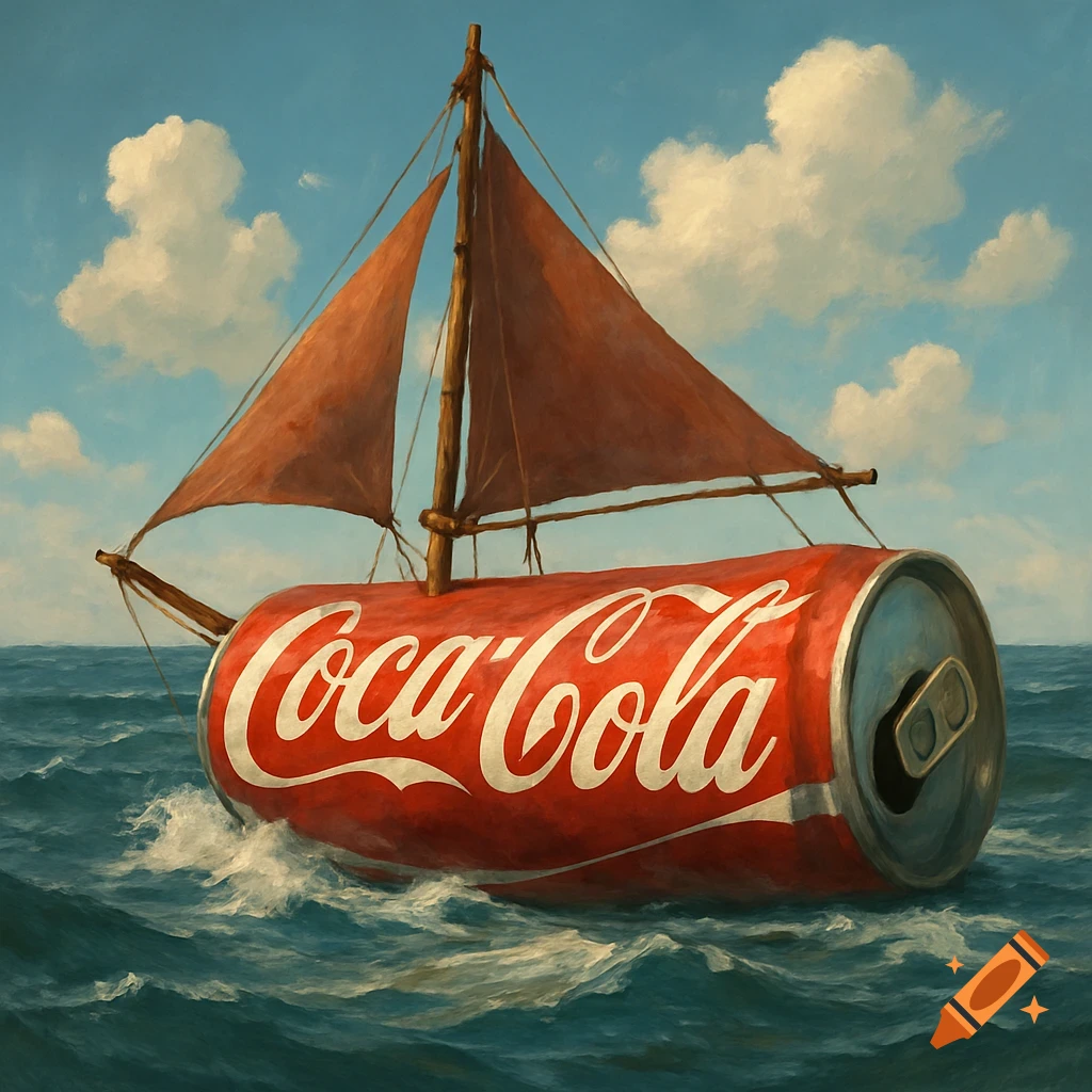 Painterly illustration of a Coca-Cola can sailing like a boat on a ...