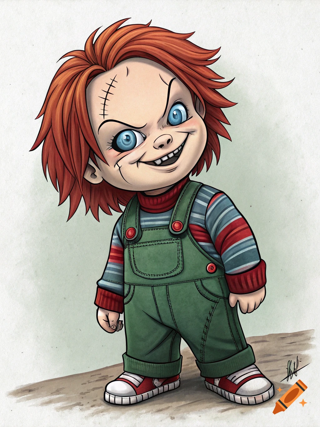 Cartoon illustration of Chucky doll in overalls smiling mischievously ...