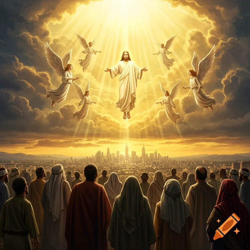 Jesus and angels descend from bright clouds over a city skyline, viewed ...