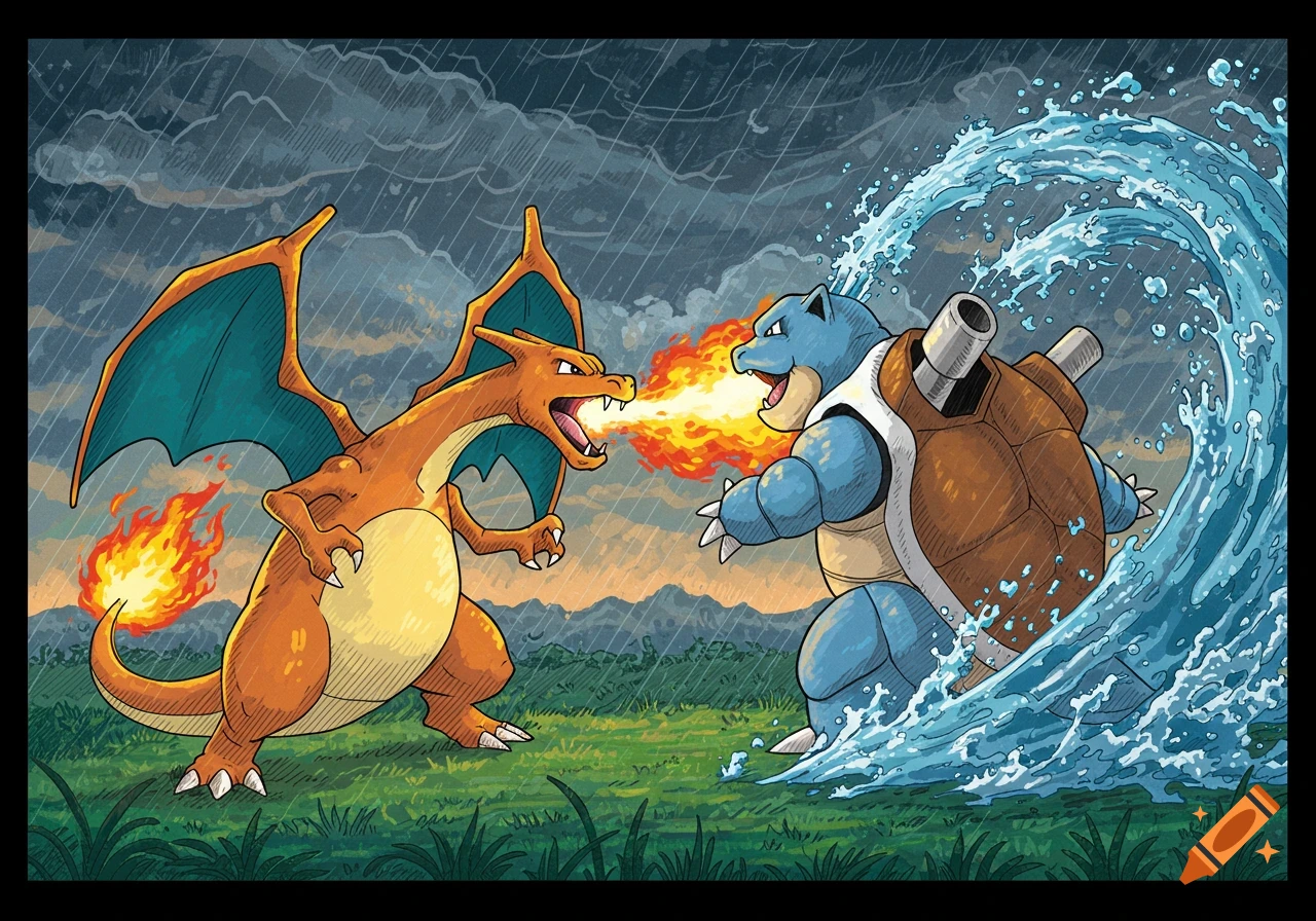 Charizard breathes fire at Blastoise who uses a water attack during a ...