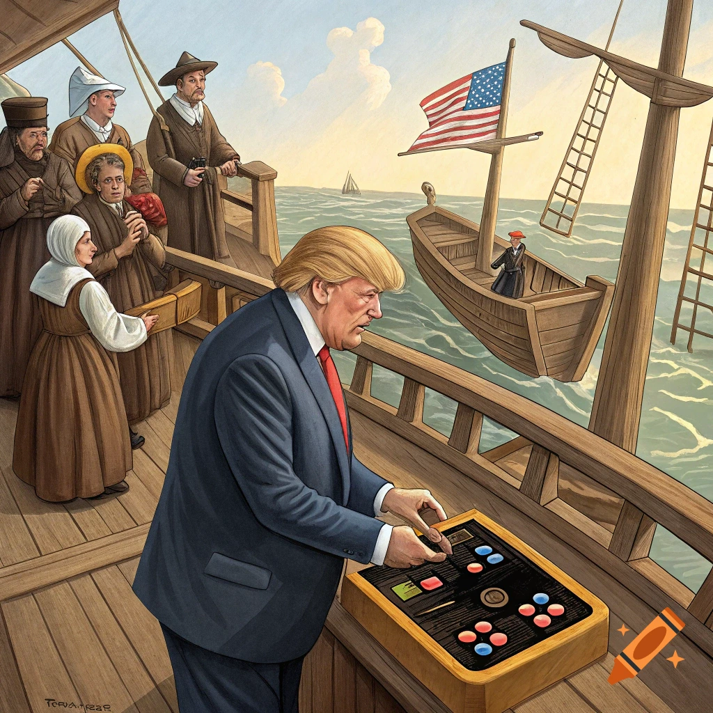 Illustration of Donald Trump playing an arcade game on a ship deck with ...