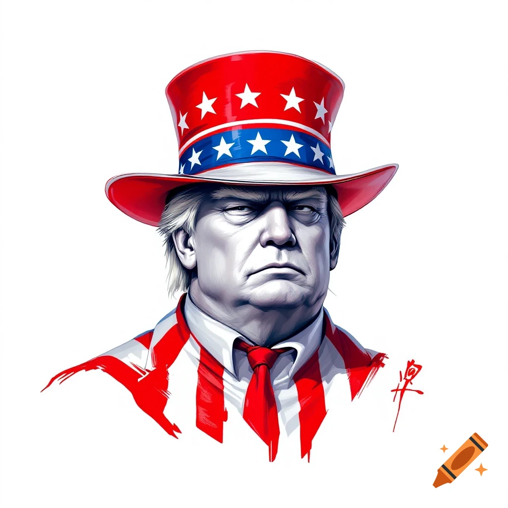 Stylized portrait of a man resembling Donald Trump wearing an Uncle Sam ...