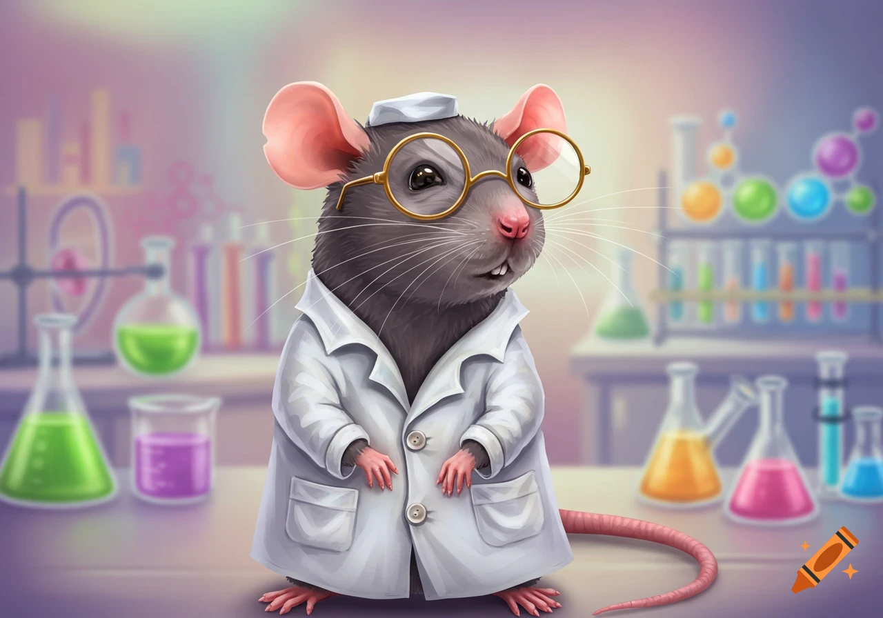 A cartoon rat wearing a lab coat and glasses stands in a laboratory. on ...