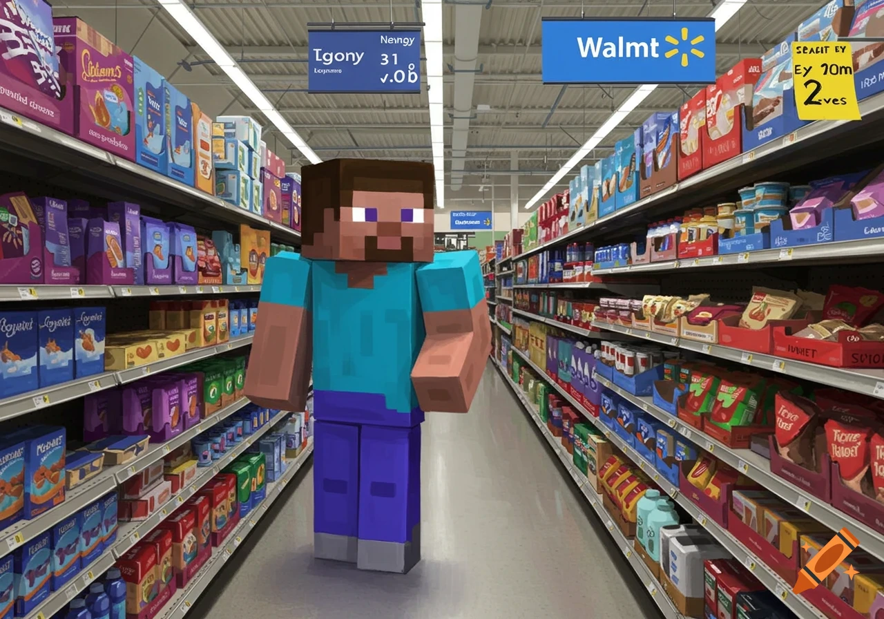Minecraft Steve stands in a photorealistic supermarket aisle. on Craiyon