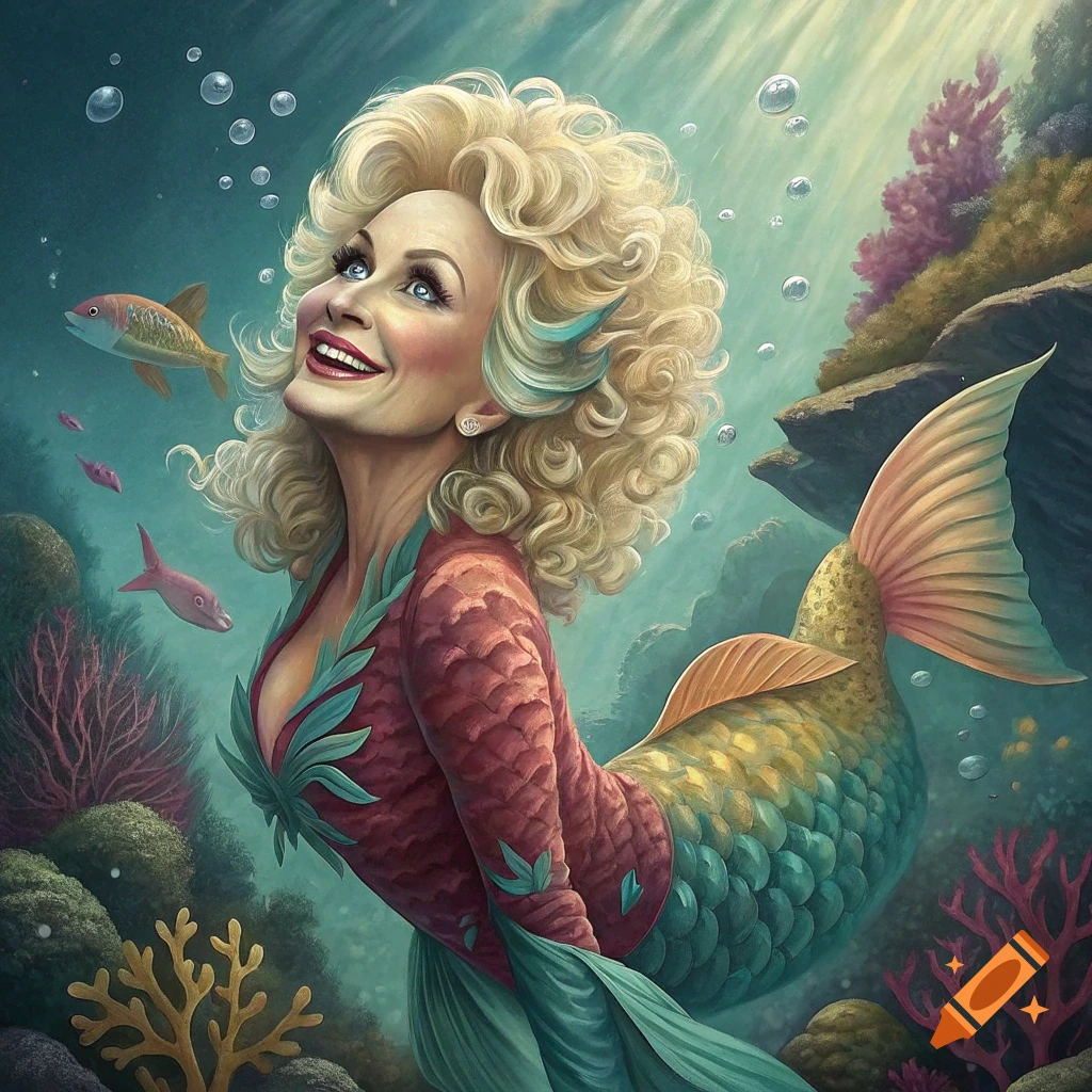 A mermaid with curly blonde hair resembling Dolly Parton smiles ...