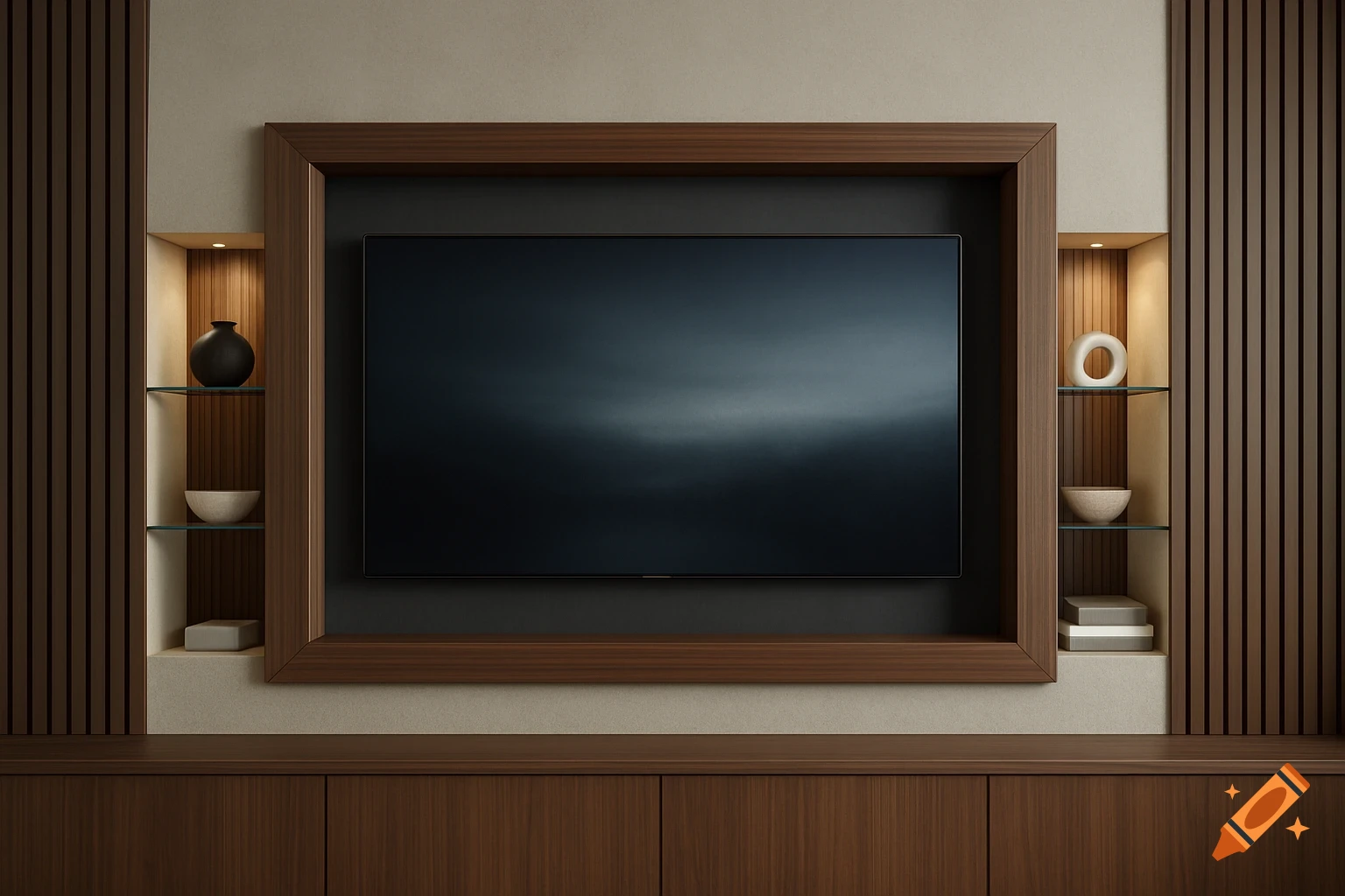 Modern media wall with recessed TV, walnut frame, glass shelves, and ...