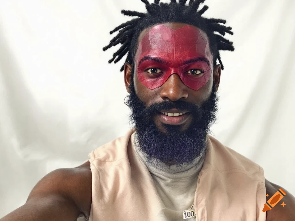 A man with dreadlocks and a beard wears a red mask and a tag around his ...