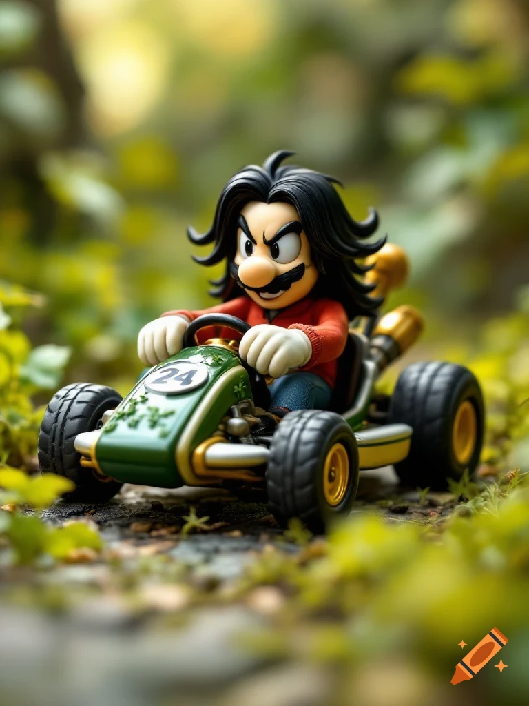 A miniature model of a character resembling Snape driving a green Mario ...