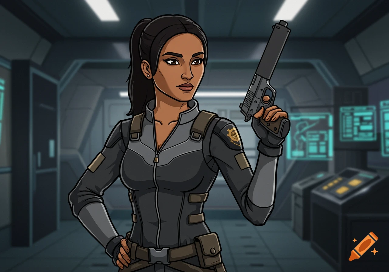 Animated female agent in Archer style holding a silenced pistol in a ...