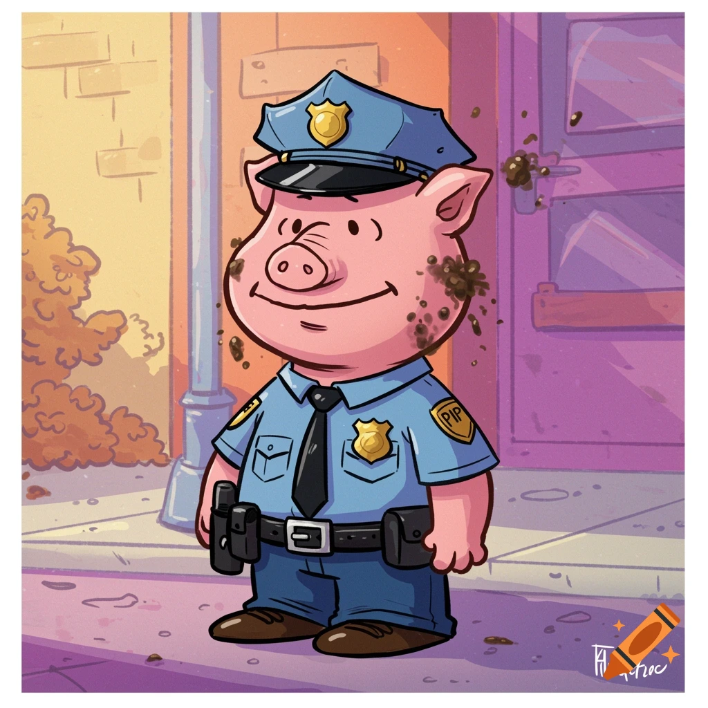 Cartoon pig character in police uniform standing on a street, covered ...