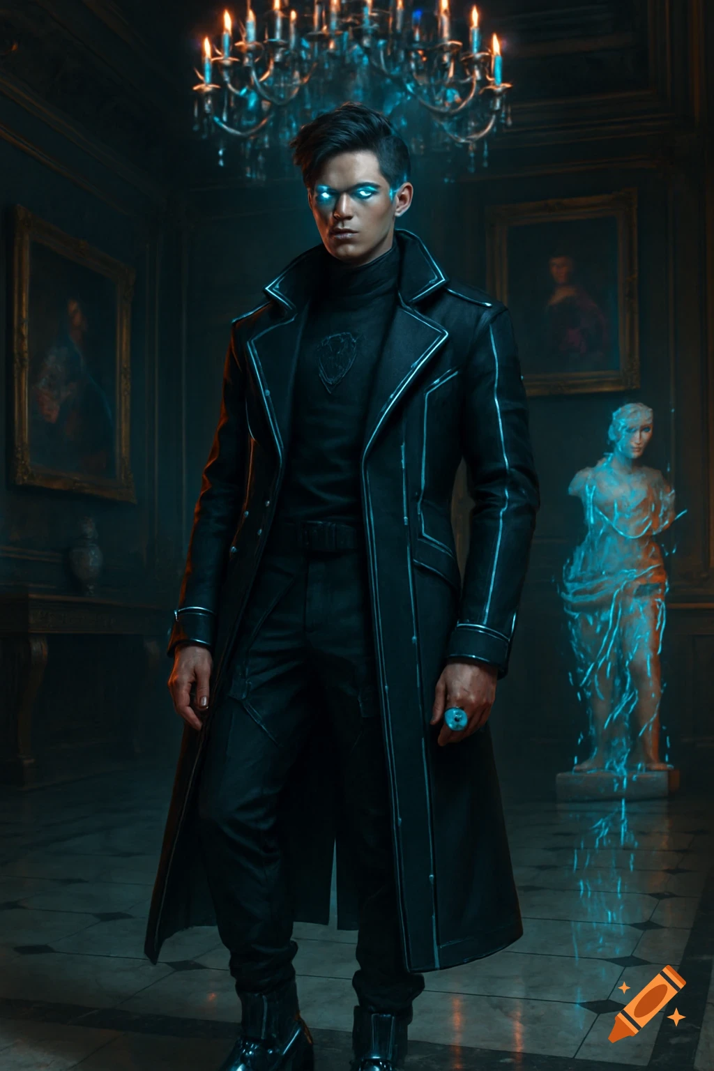 A man in a futuristic trench coat with glowing blue eyes stands in a ...