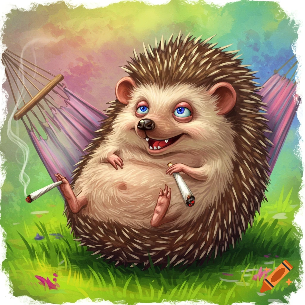 Cartoon hedgehog relaxing in a hammock and smoking on Craiyon