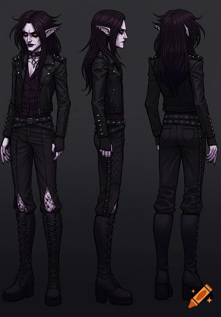 A 2D illustration character sheet showing front, side, and back views ...