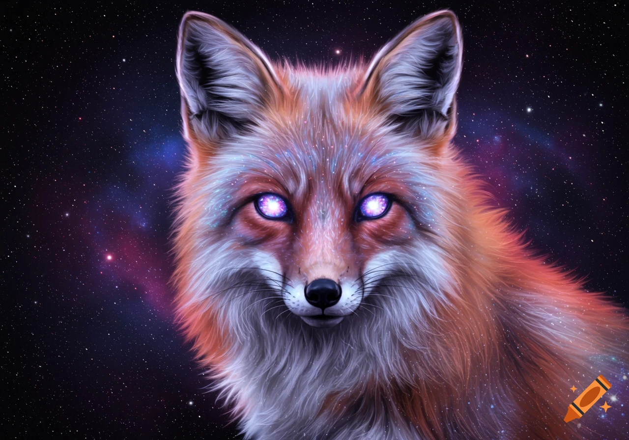 Close-up of a stylized fox with galaxy fur and glowing purple eyes ...