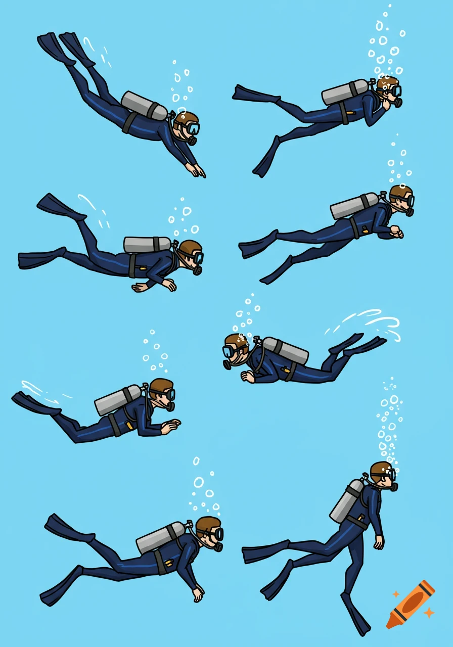 Multiple cartoon scuba divers swimming underwater with bubbles. on Craiyon