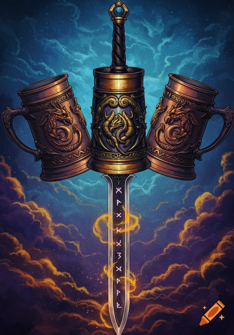 A sword and three tankards floating in a cloudy sky, fantasy art. on ...
