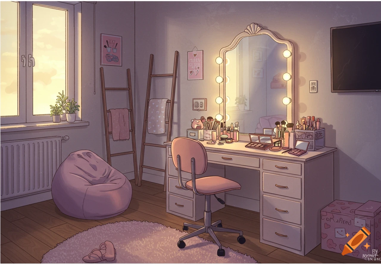 An illustrated preppy room with a vanity, makeup, beanbag, and window ...