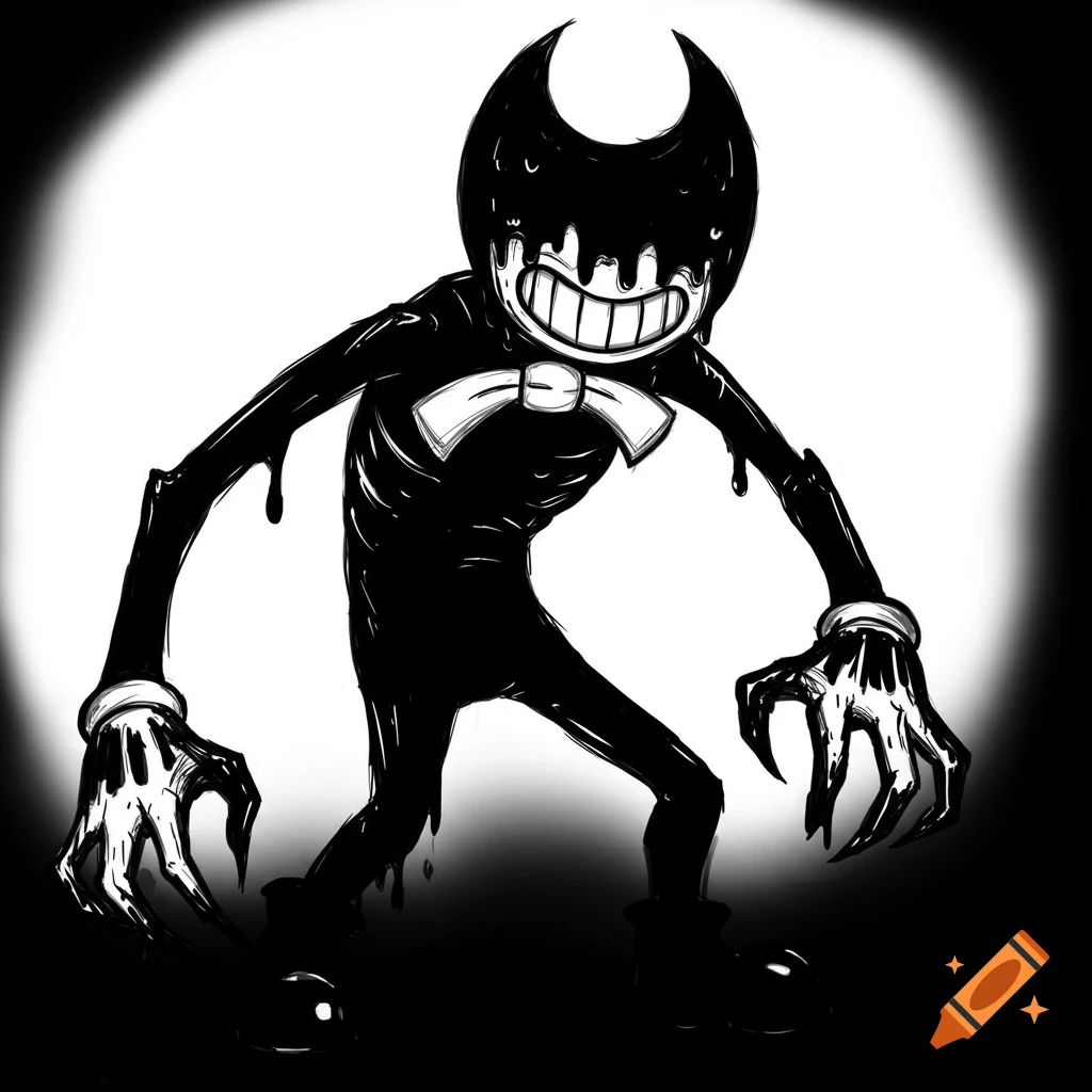 Black and white sketch of an ink monster with a wide grin and bow tie ...