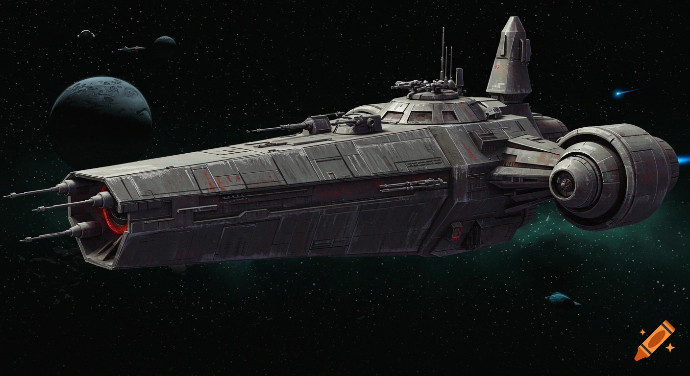 A large, detailed sci-fi spaceship with red markings flies through ...