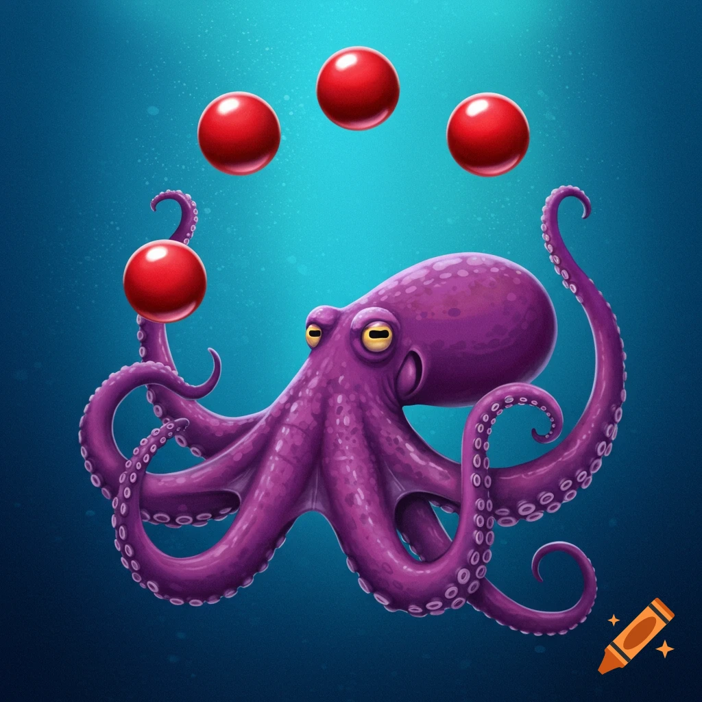 A purple cartoon octopus juggles four red balls underwater. on Craiyon