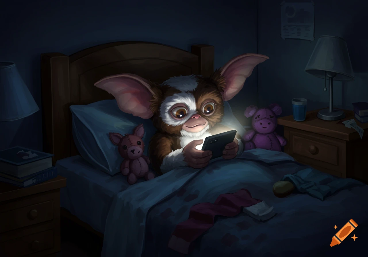 An illustration of a creature resembling Gizmo from Gremlins looking at ...