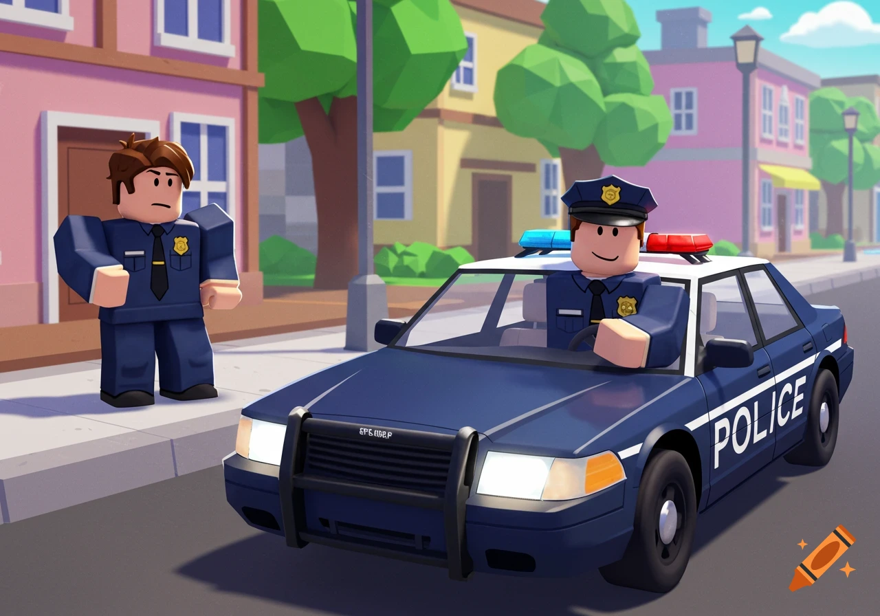 Two low-poly police officers, one in a police car and one standing, on ...