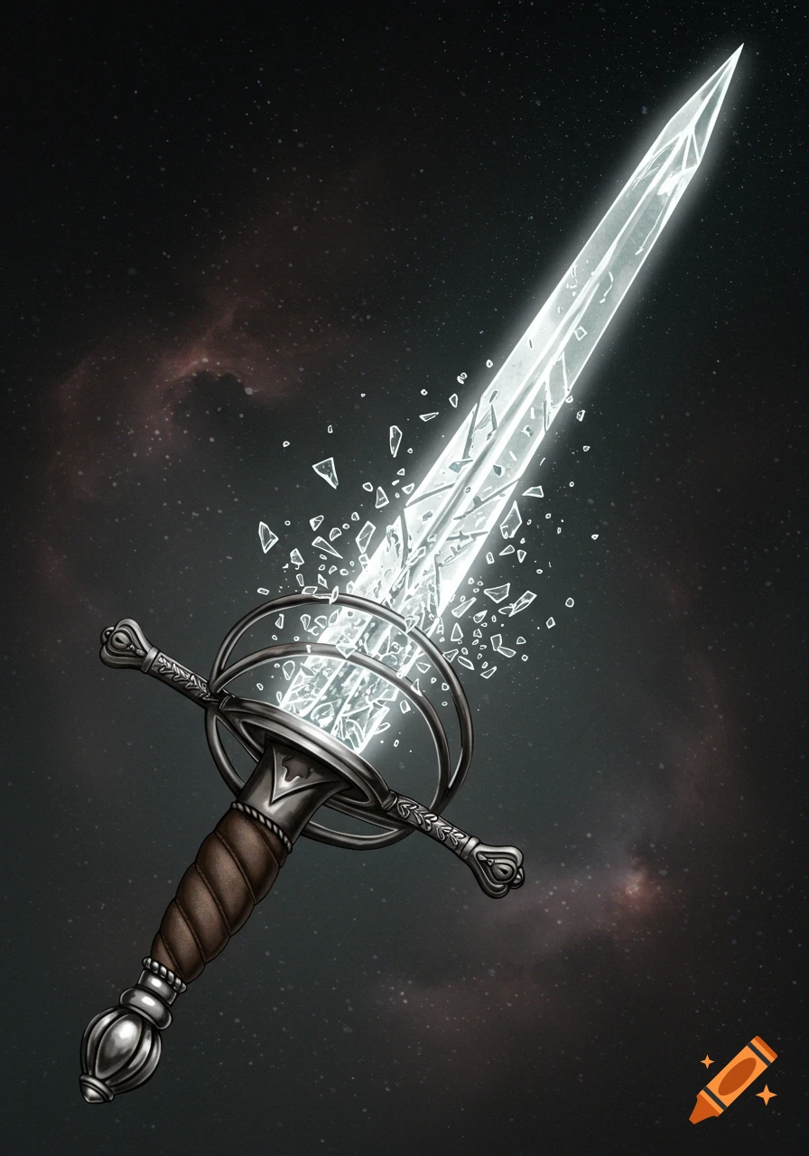 A rapier sword with a glowing shattered glass blade against a dark ...