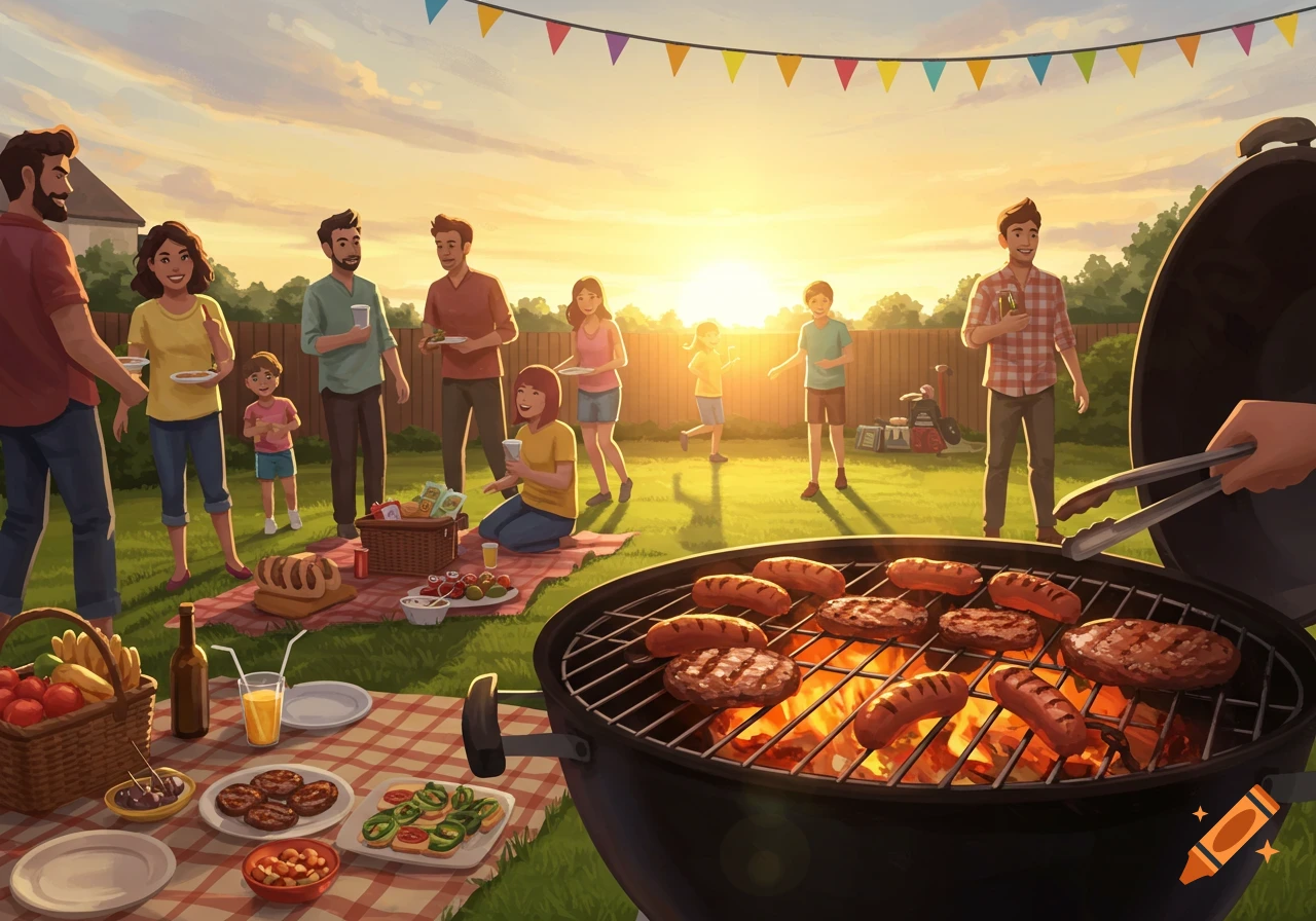 A group of people having a barbecue in a backyard at sunset, illustrated in a digital painting ...