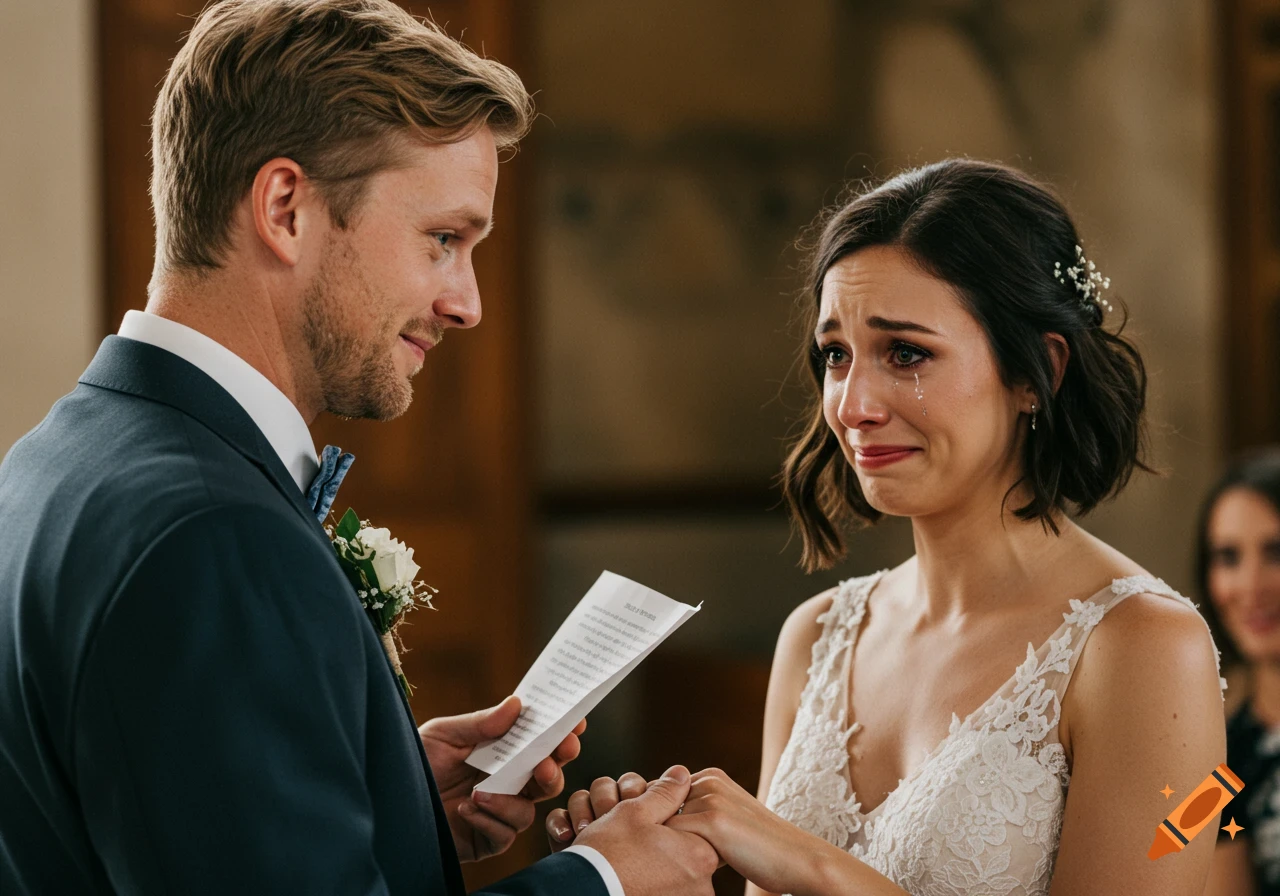 Groom reads vows to crying bride during wedding ceremony. on Craiyon