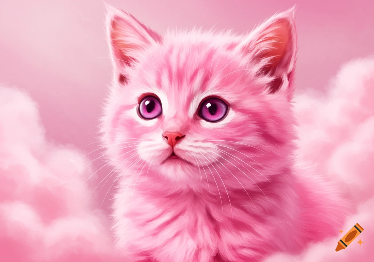 A cute pink kitten with large purple eyes sits among pink clouds, digital art style. on Craiyon