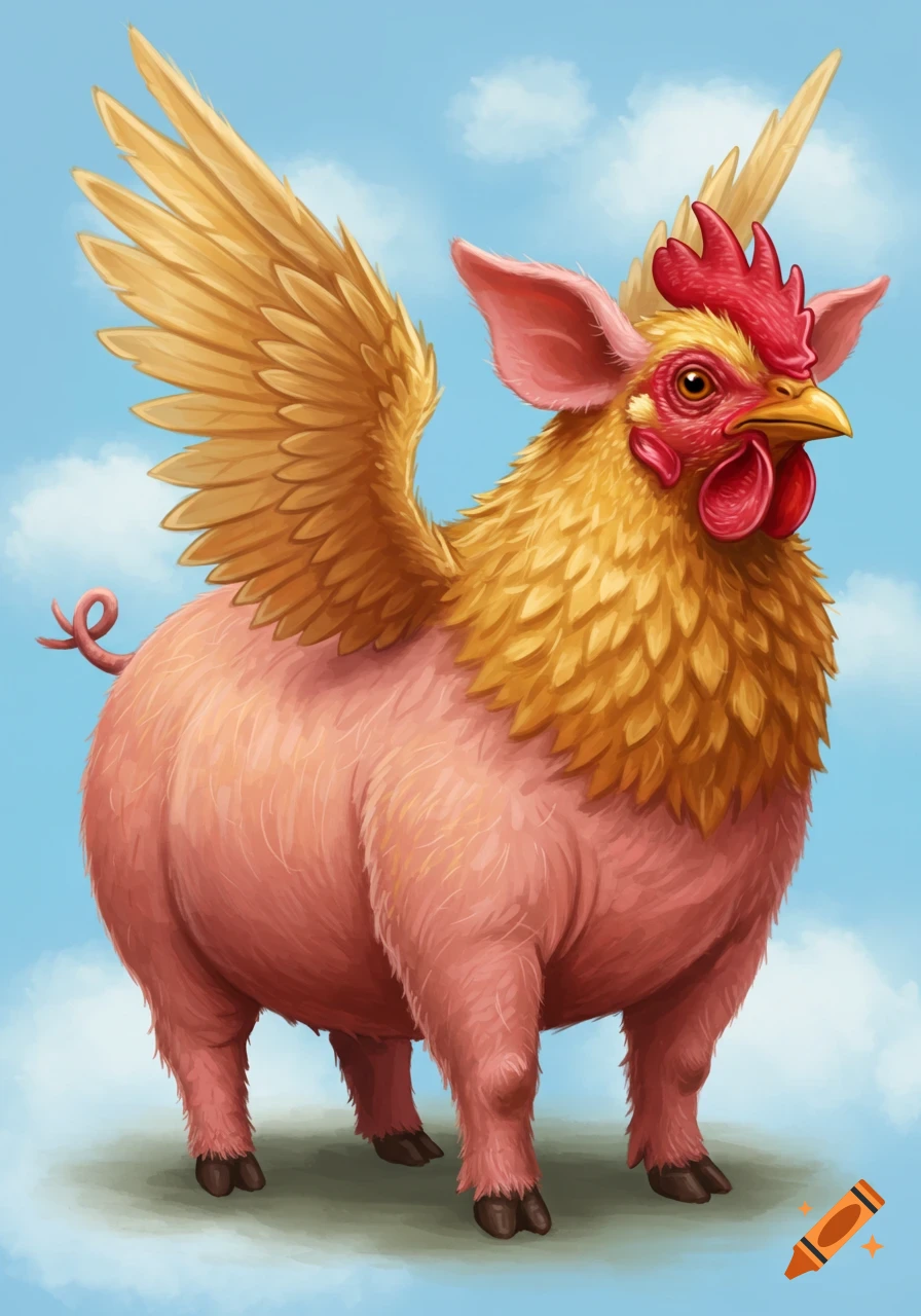 Illustration of a chicken-pig hybrid creature standing on clouds on Craiyon