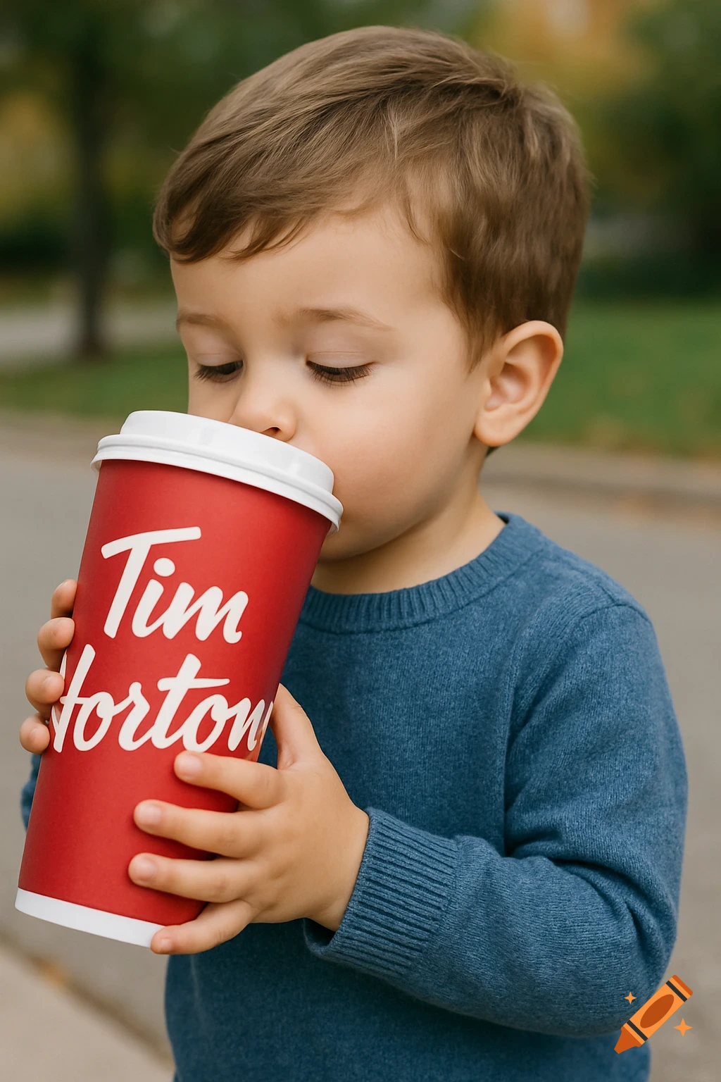 A young boy drinks from a large red Tim Hortons cup outdoors. on Craiyon
