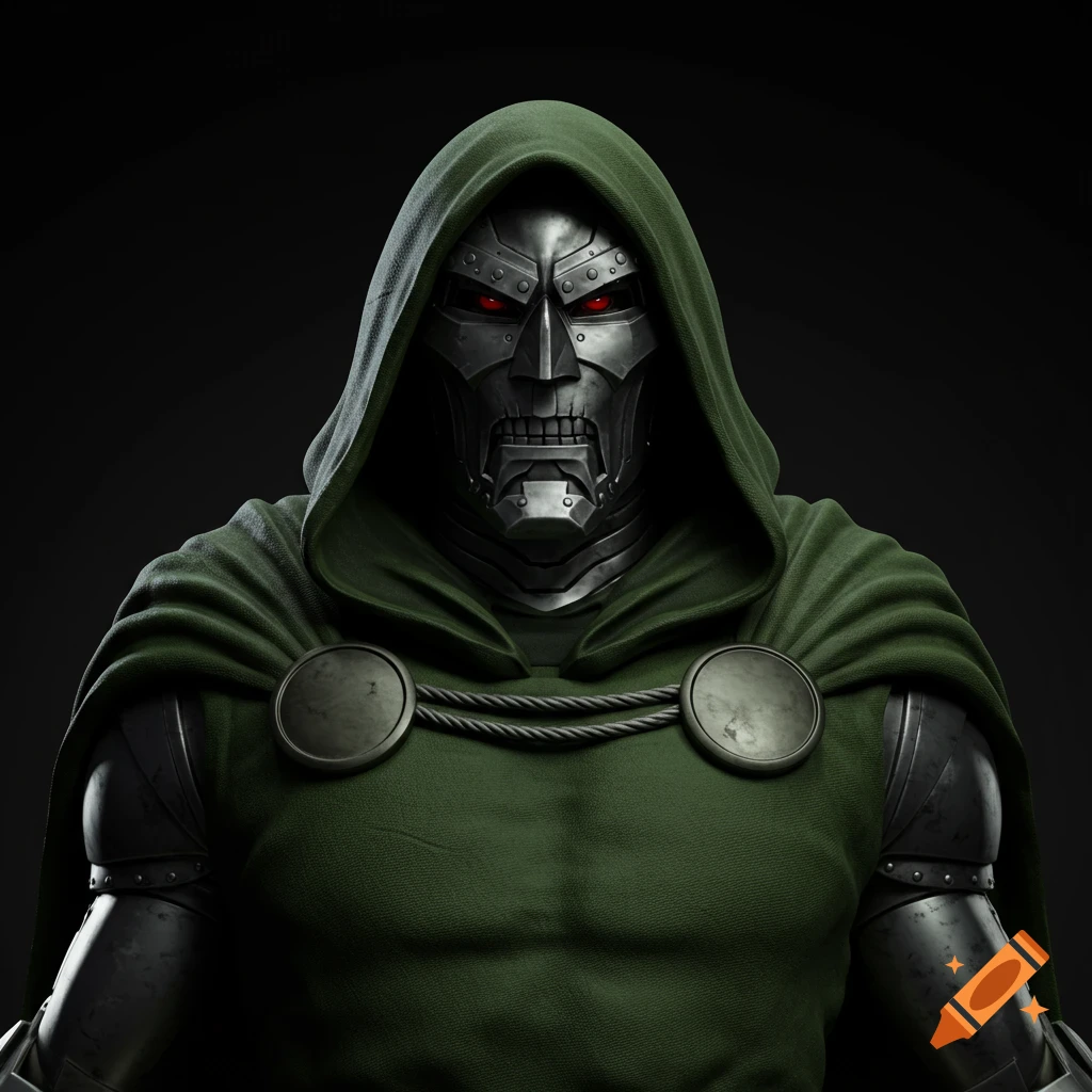A detailed 3D render close-up portrait of Doctor Doom wearing his ...