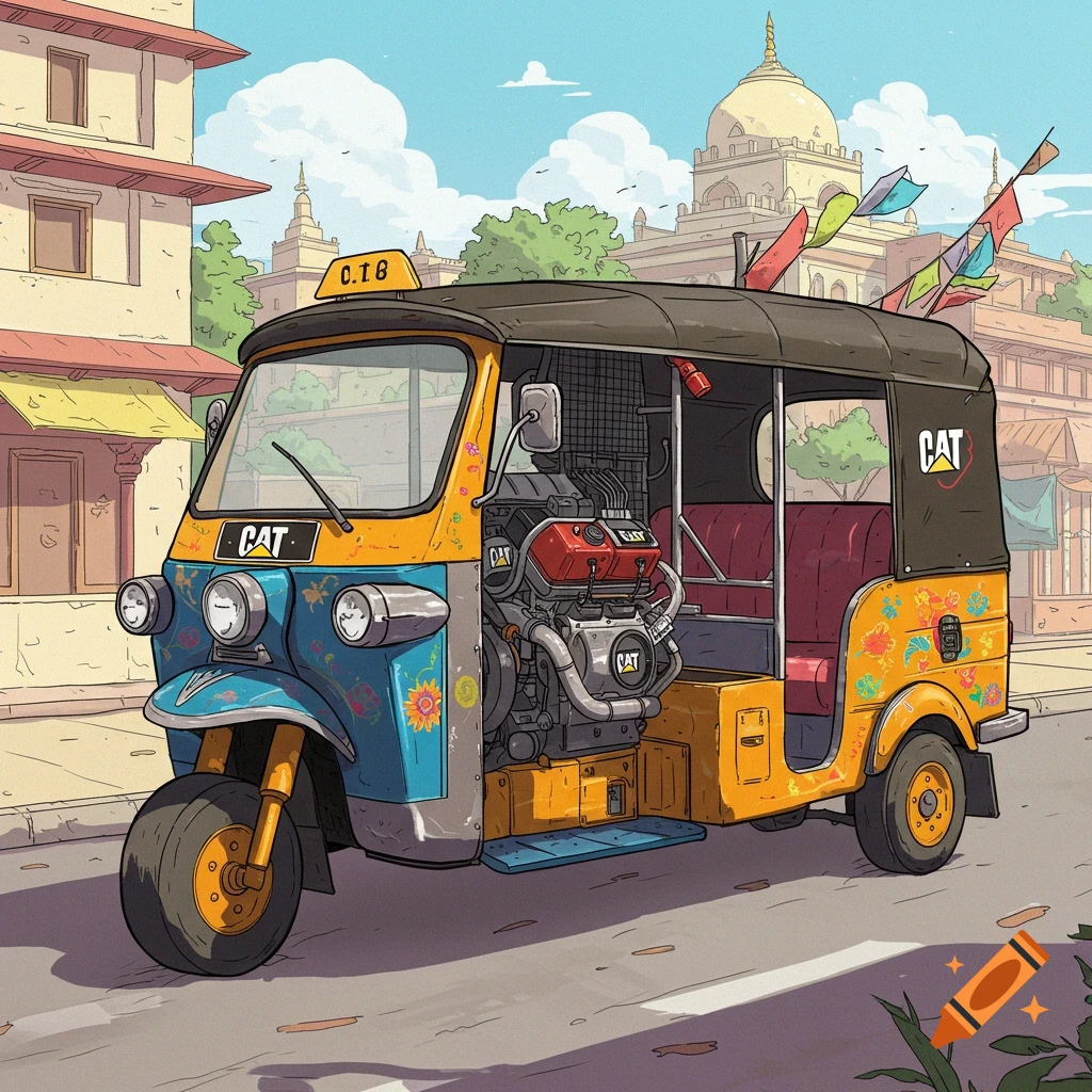 Illustration of a colorful tuk-tuk with a large exposed engine parked ...