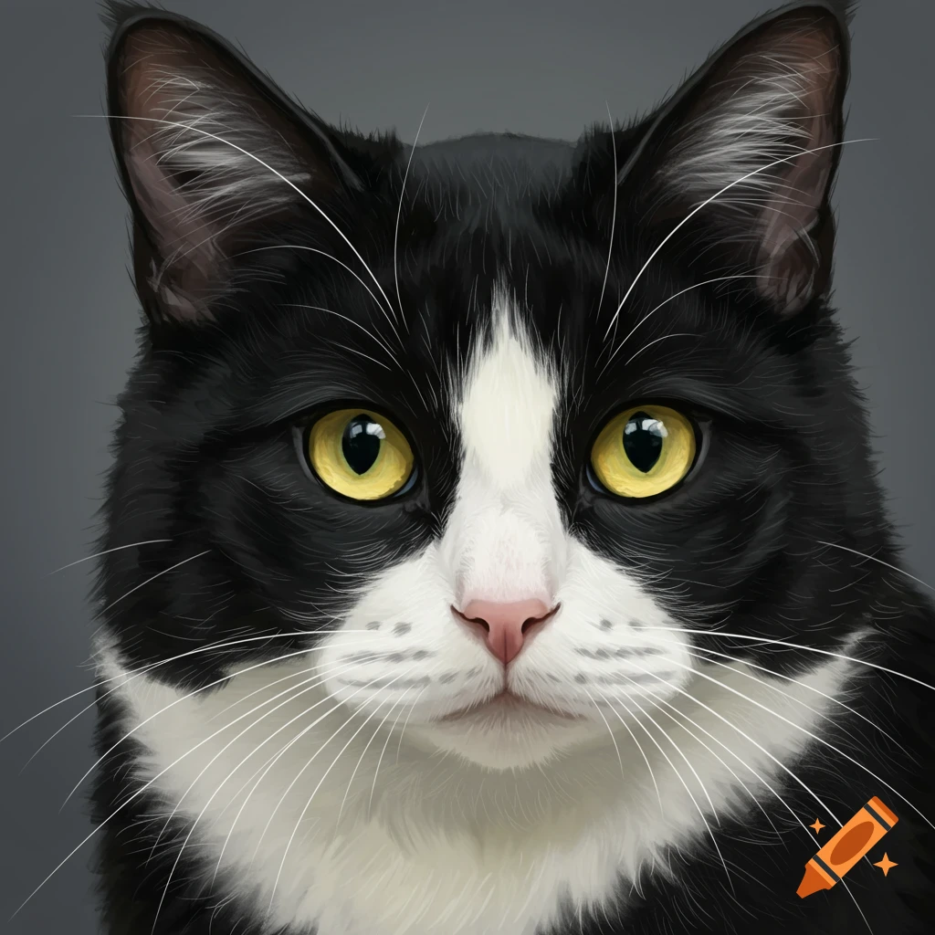 A black and white cat headshot with bright yellow eyes. on Craiyon