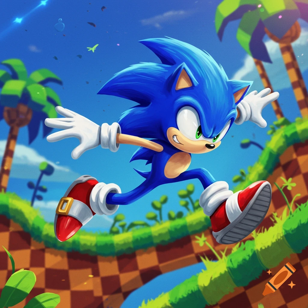 Cartoon Sonic the Hedgehog jumping in a bright, grassy, checkered ...