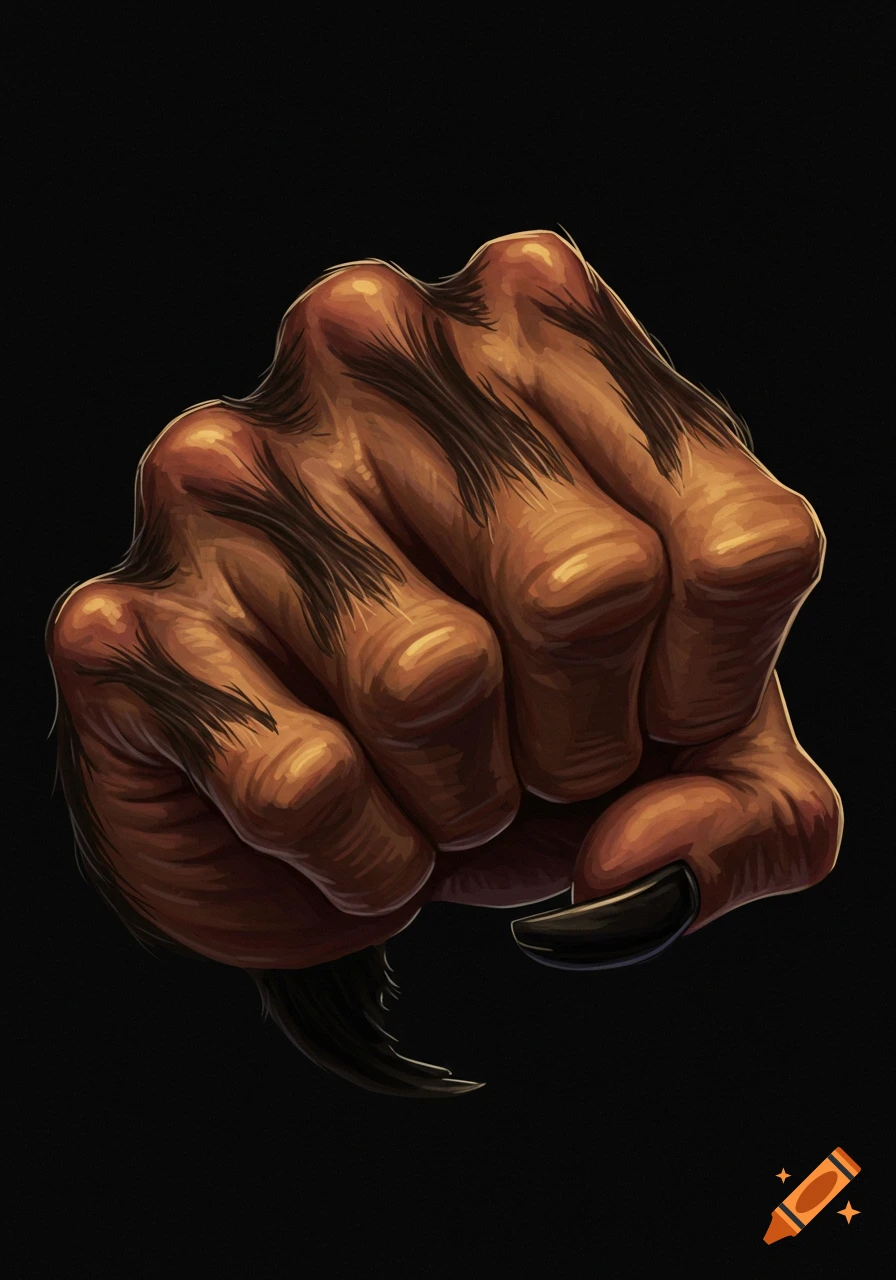 Stylized illustration of a clenched beast hand with claws and fur. on ...